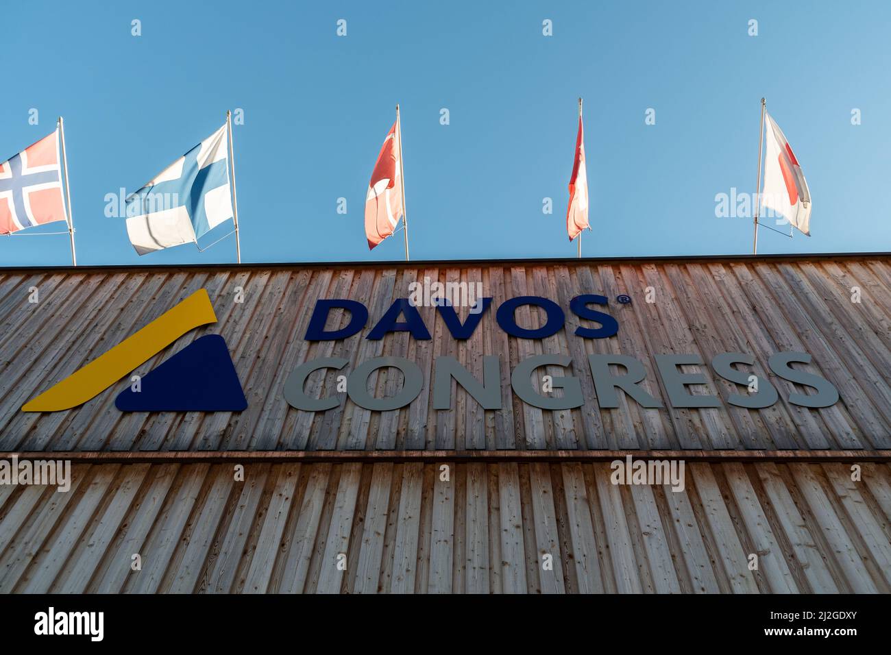 Davos, Switzerland, March 23, 2022 Different national flags are waving ...