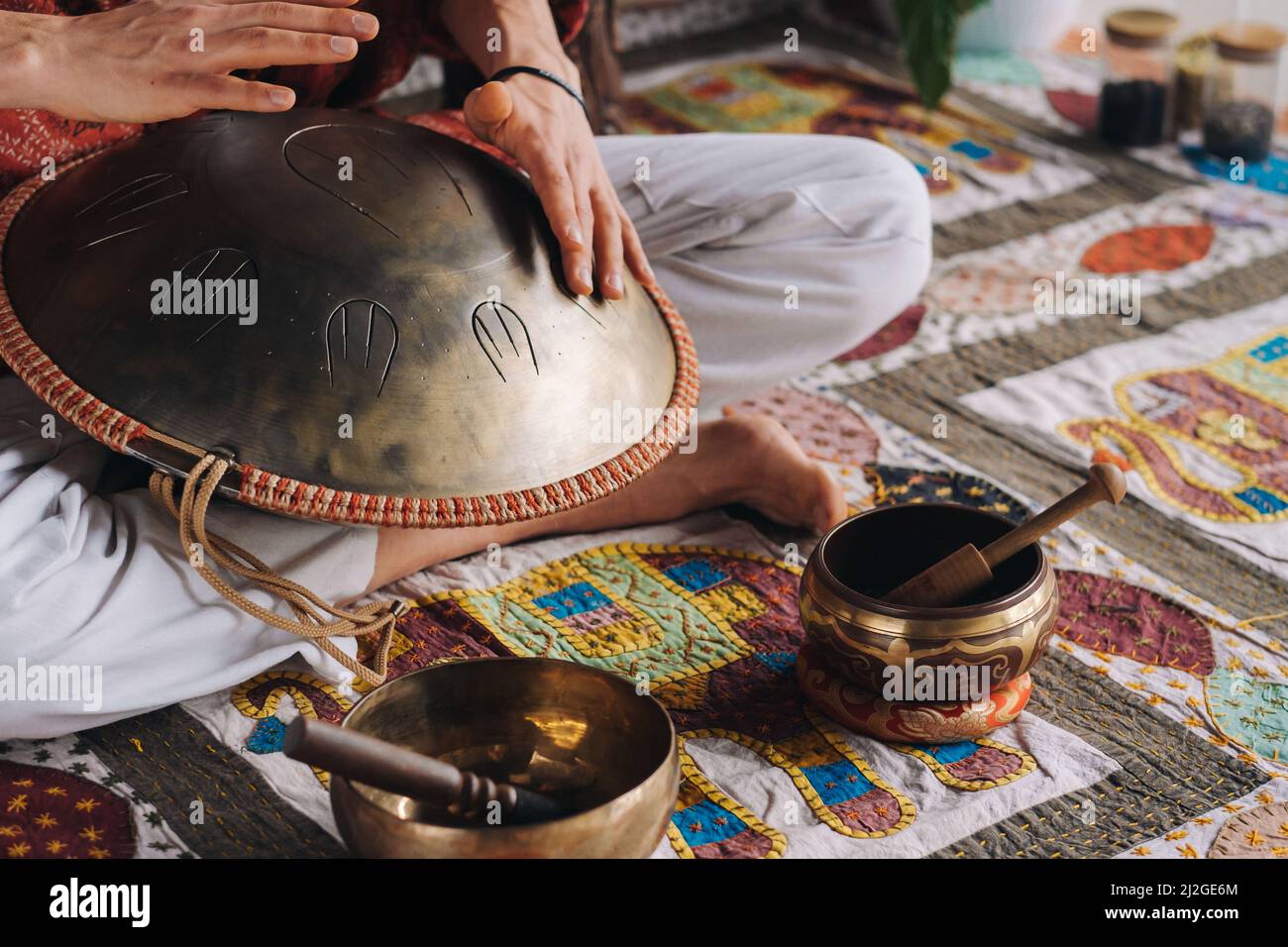 Close-up of a man's hand playing a modern musical instrument, the orion ...
