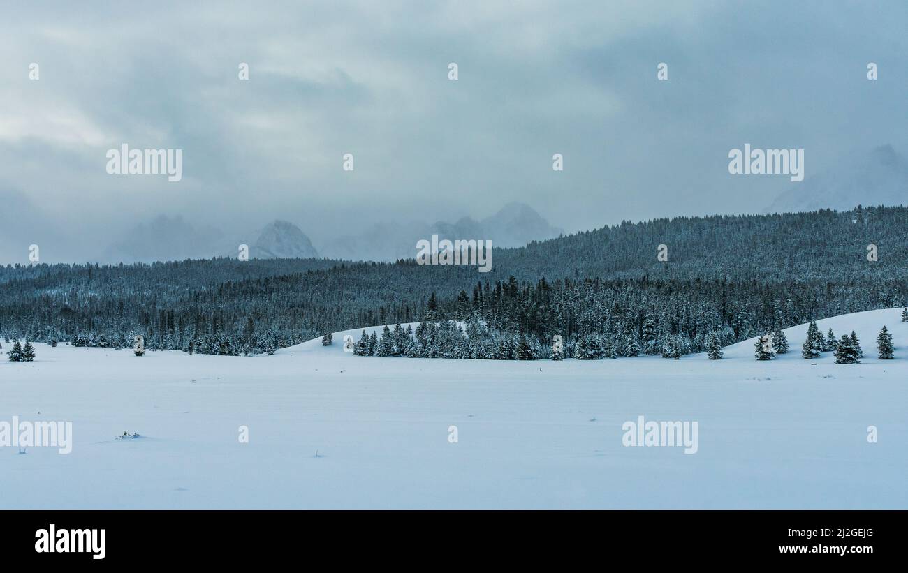 Snow covers the Sawtooth Mountains in the Sawtooth National Recreation ...
