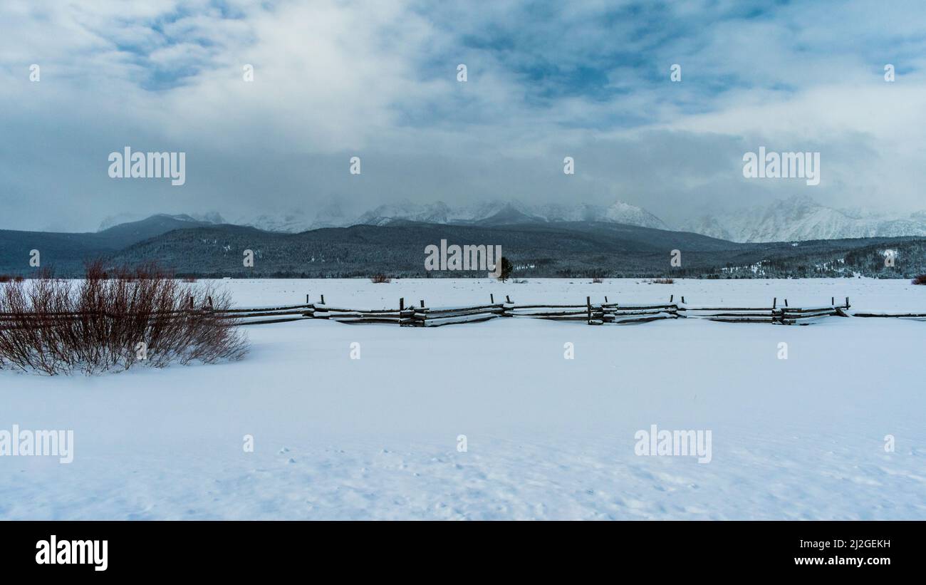 Snow covers the Sawtooth Mountains in the Sawtooth National Recreation ...