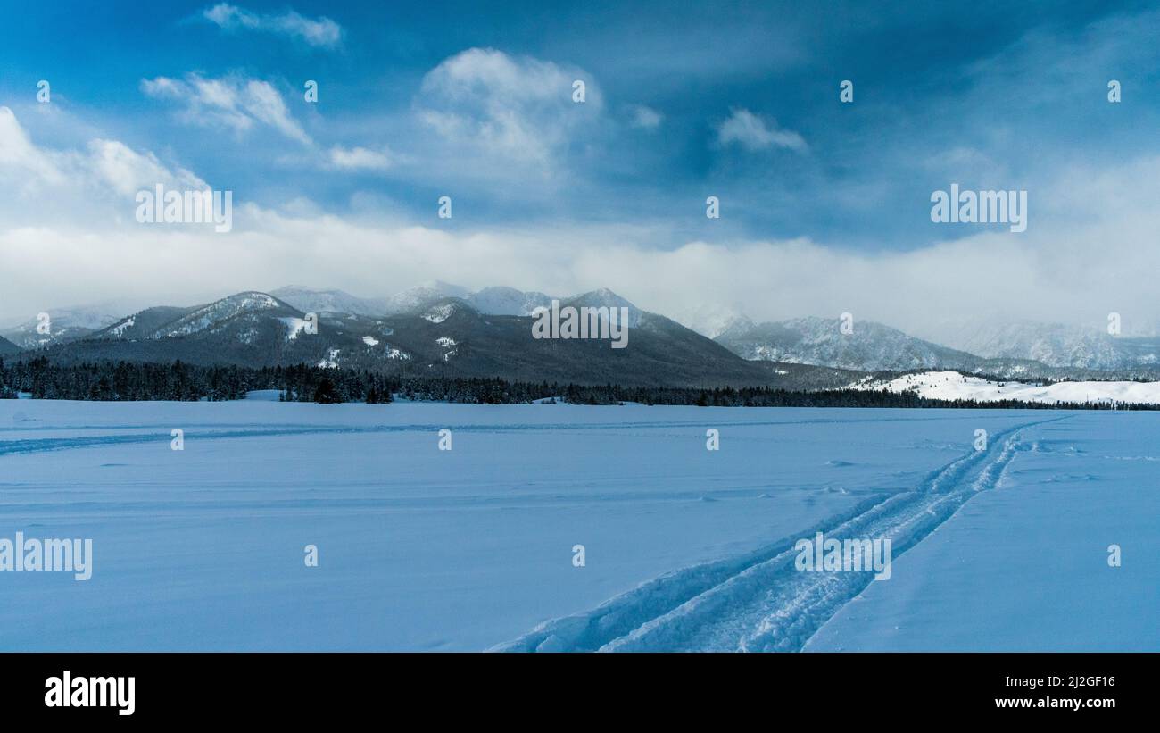 Snowmobile tracks through snow in Sawtooth National Recreation Area ...