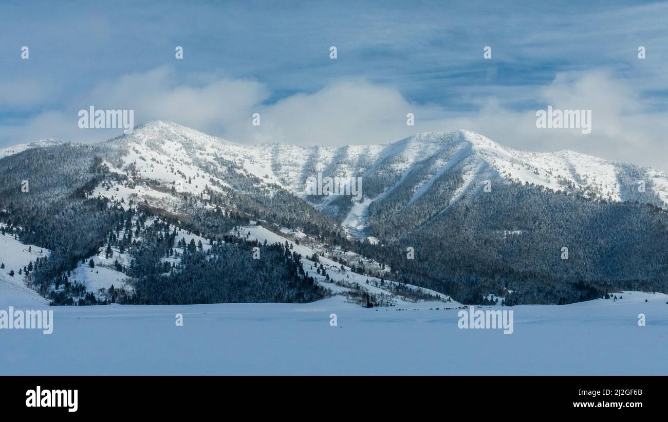 Snow covers the Sawtooth Mountains in the Sawtooth National Recreation ...