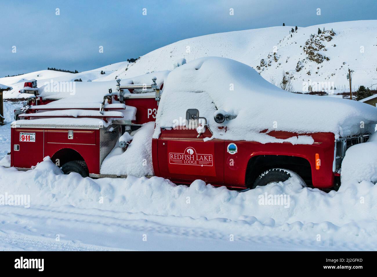 Stanley, ID USA - 28 Dec 2021: Red Fish Lake Lodge fire truck buried in ...
