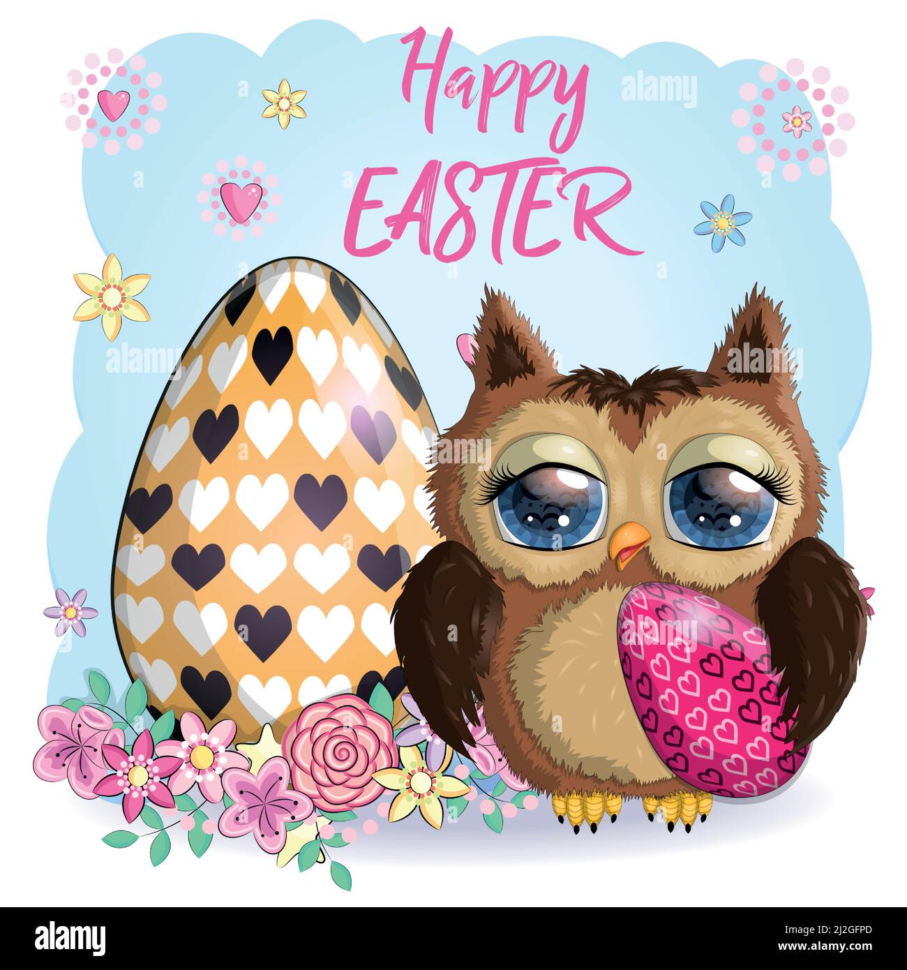 Cute cartoon owl with Easter eggs, basket, greeting card with text ...