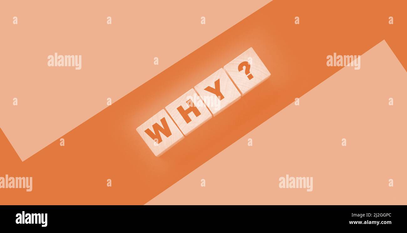 Why Closeup of word with question mark on wooden cubes on dark grey ...