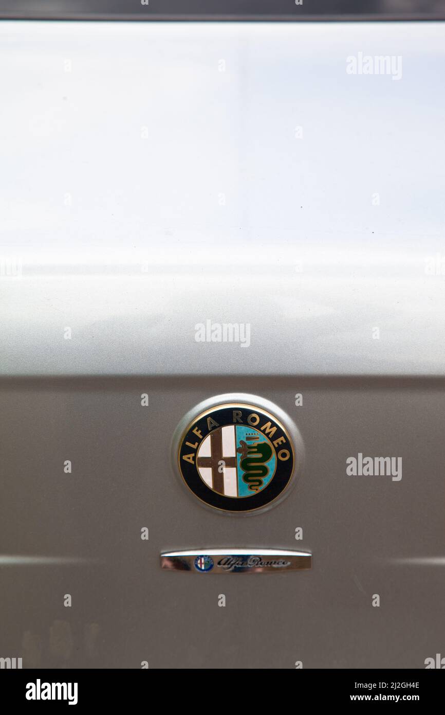 Alfa Romeo chrome metal logo, luxury car in Istanbul city, July 23 2021 ...