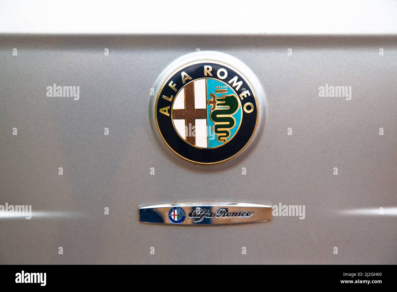 Alfa Romeo chrome metal logo, luxury car in Istanbul city, July 23 2021 ...