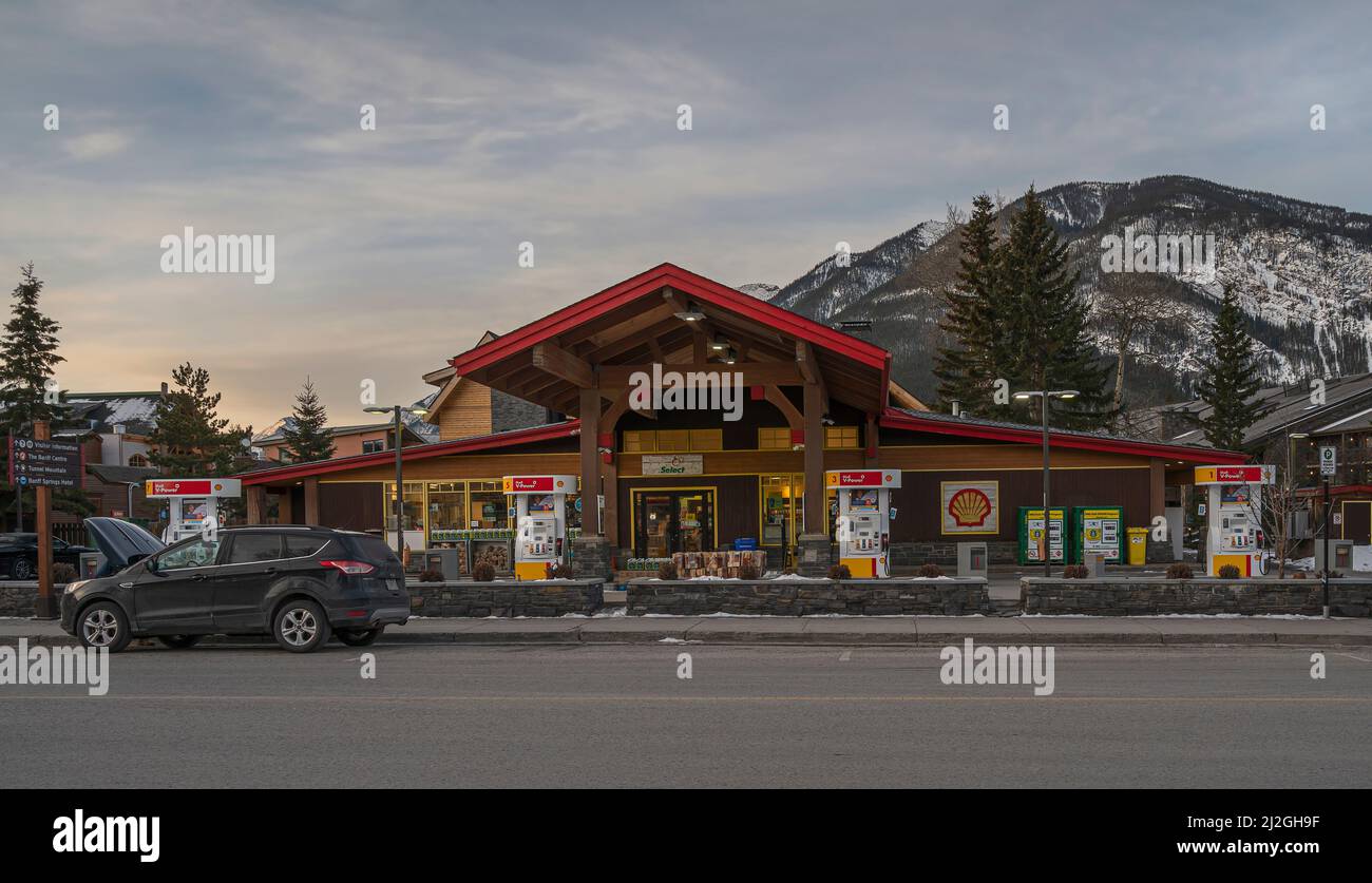 Banff, Alberta, Canada – March 30, 2022: Exterior view of the “Shell ...