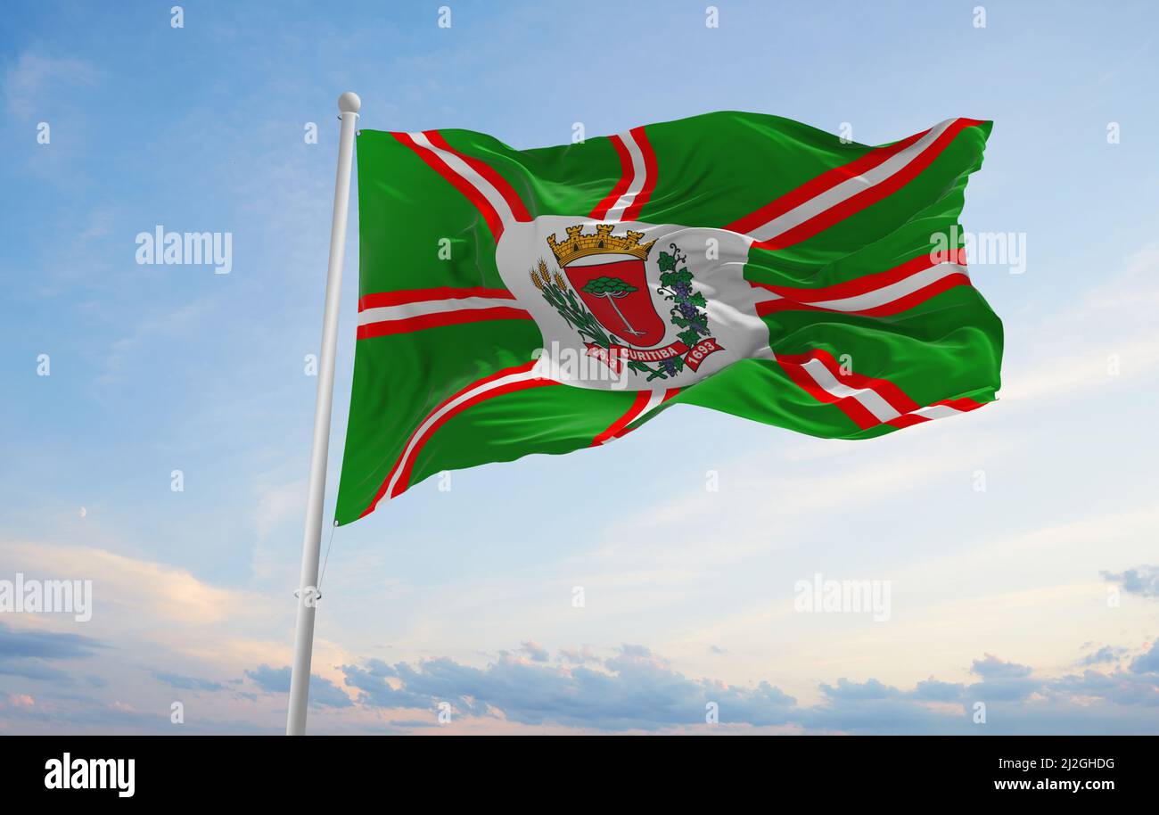 flag of Curitiba , Brazil at cloudy sky background on sunset, panoramic ...
