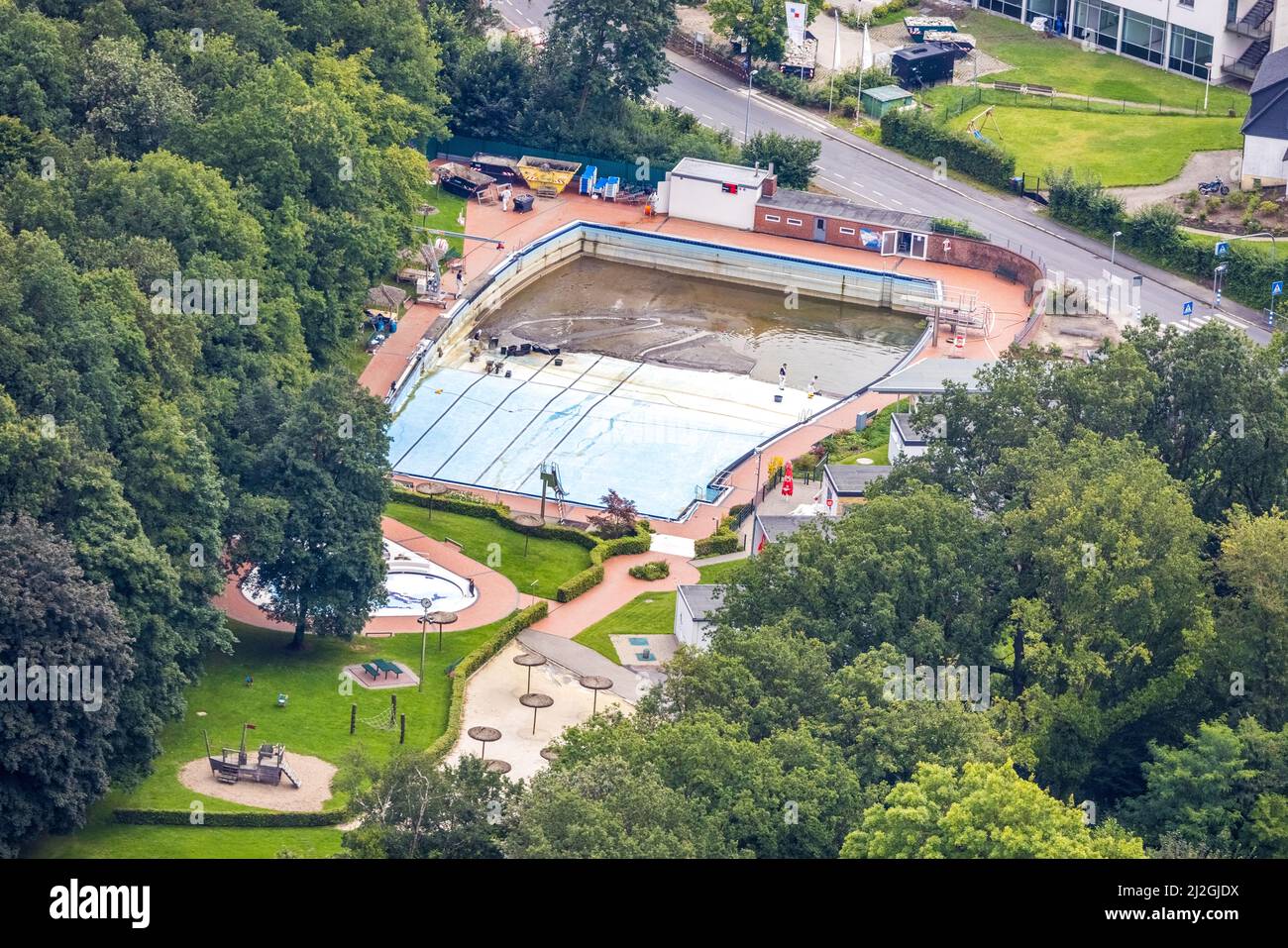 Aerial view, flooding due to heavy rain and mud at the open-air ...