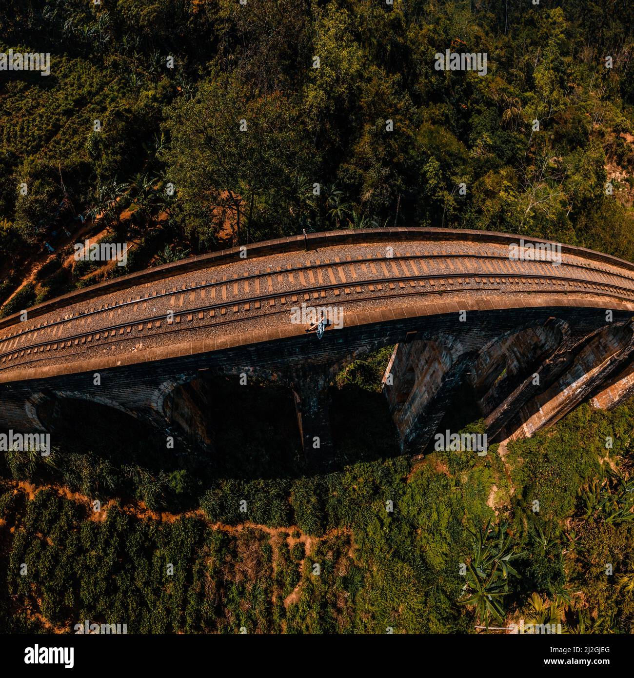 A top view of a person sitting on the Nine Arch Bridge in Sri Lanka ...