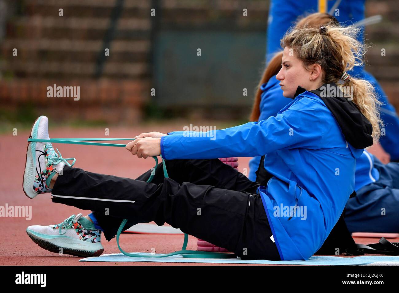 Italian track and field sprinter Anna Bongiorni warms up during a ...
