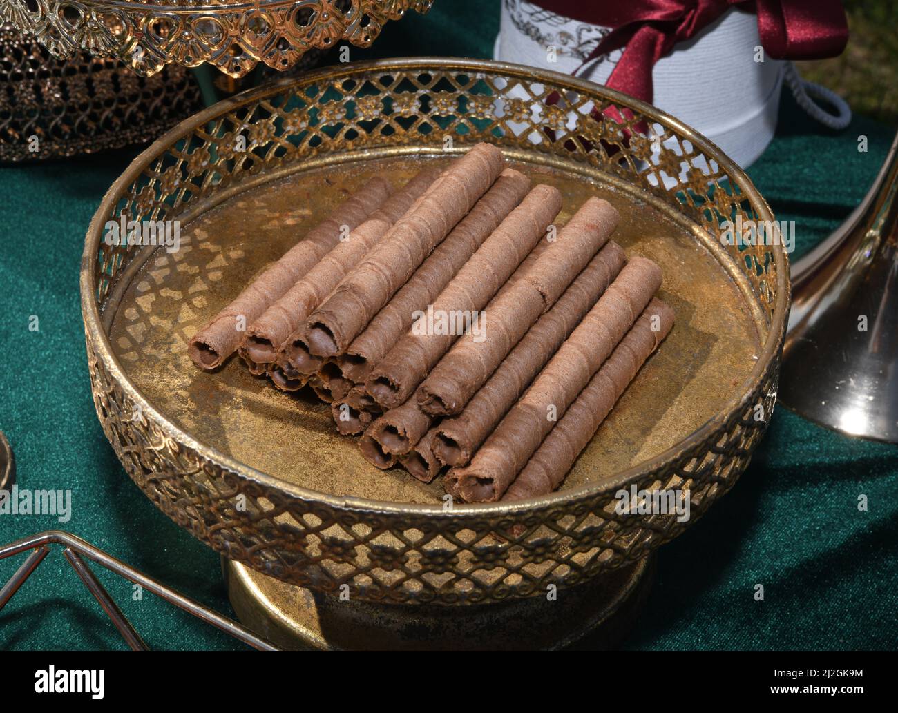 Chocolate wafer stick roll, wafer stick crunchy in the plate, delicious ...
