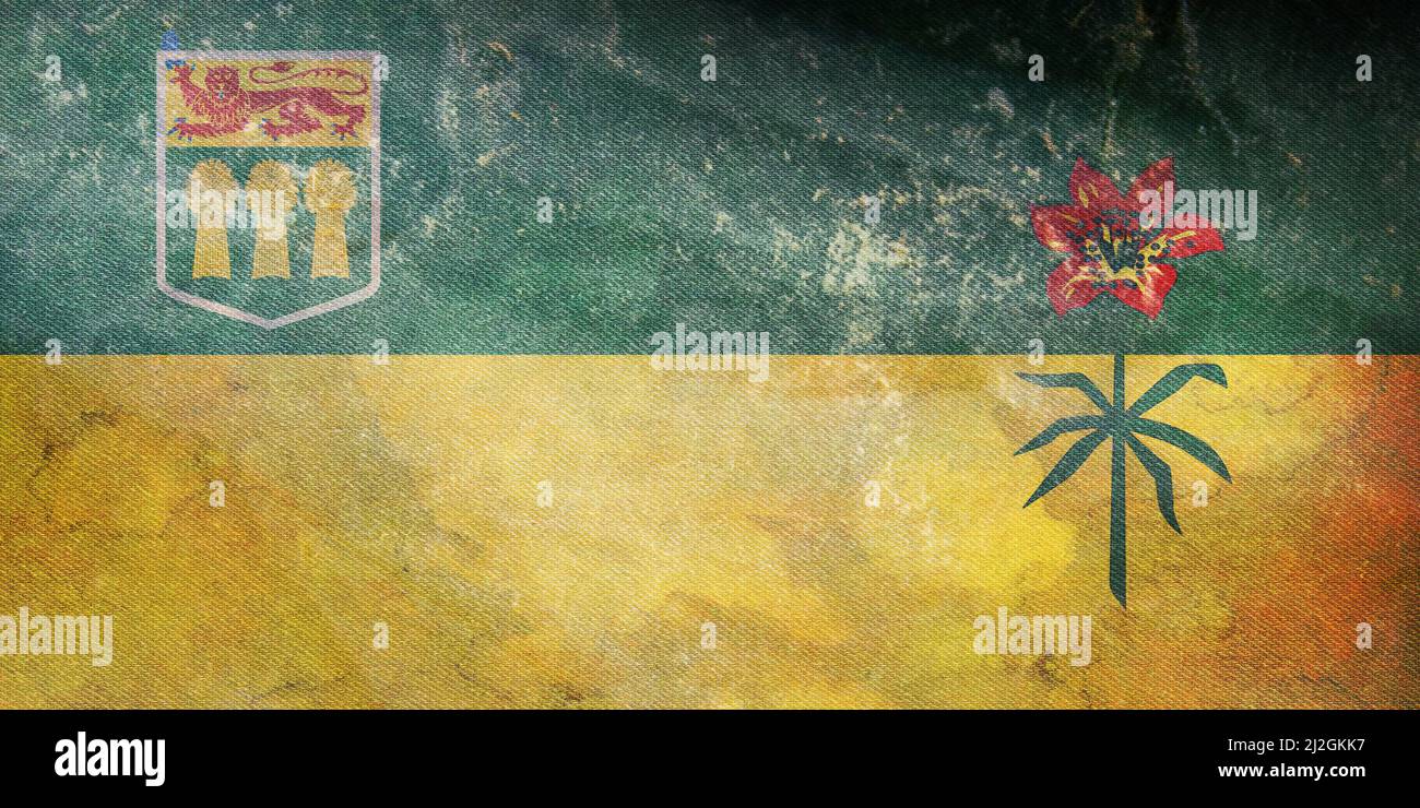 Top view of retro flag of Saskatchewan, Canada with grunge texture ...