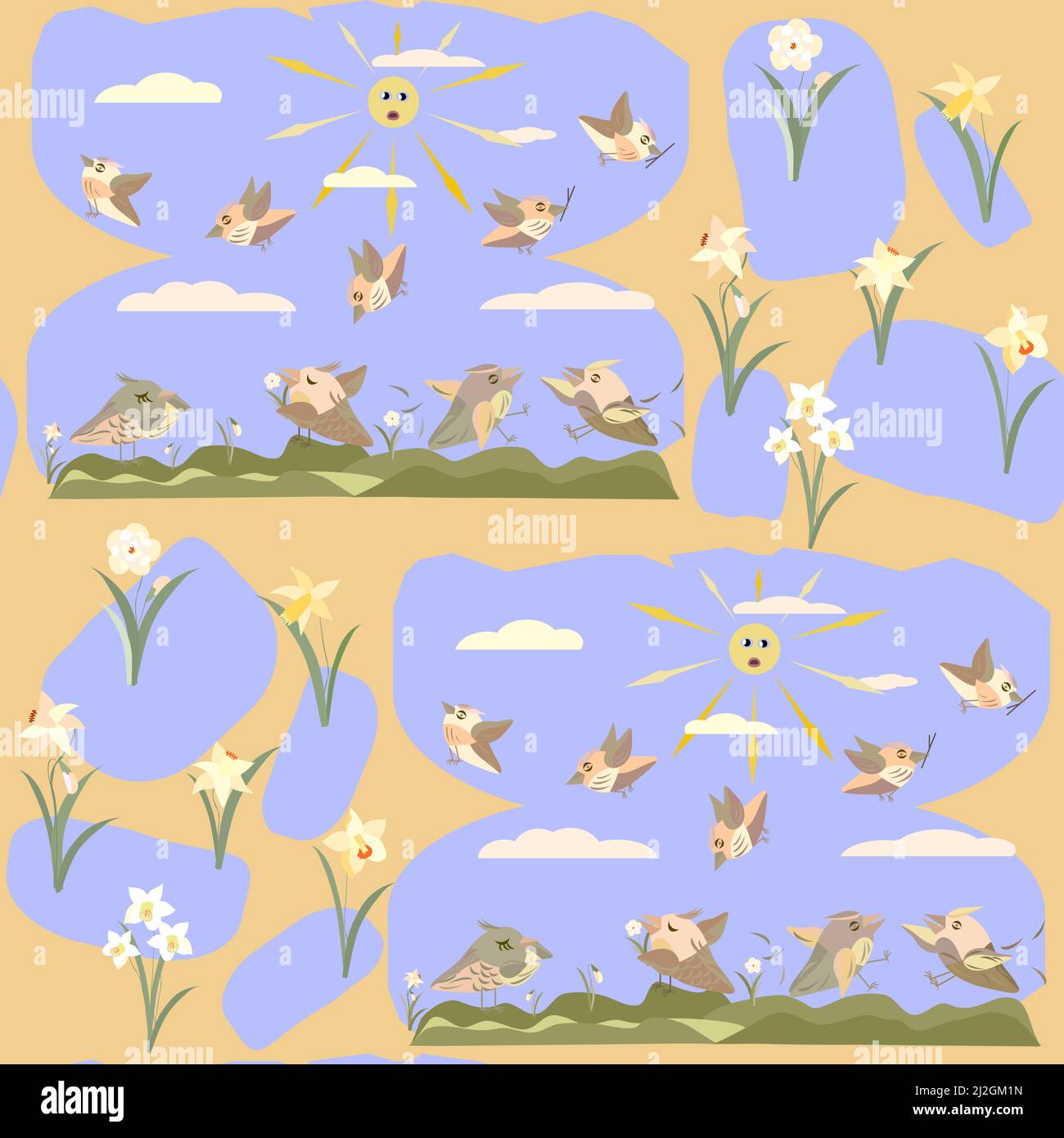 spring flowers daffodils and birds pattern no background Stock Vector ...