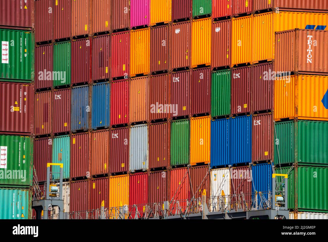 Container on a container ship, in the seaport of Rotterdam, Maasvlakte ...