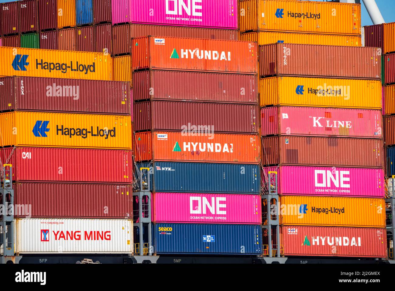 Container on a container ship, in the seaport of Rotterdam, Maasvlakte ...