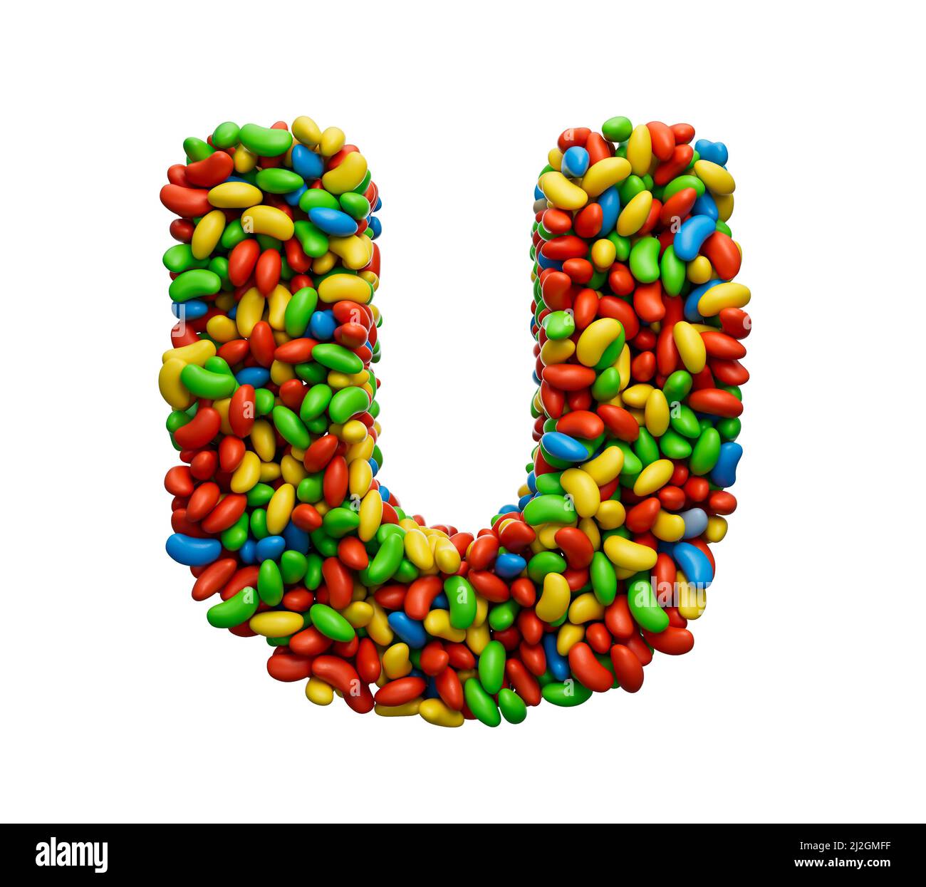 A 3D illustration of the alphabet U of colorful jelly beans isolated on ...