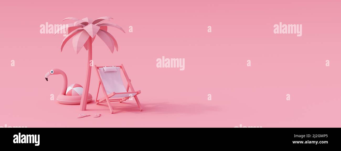 Beach chair and pink flamingo under a palm tree on pink background ...