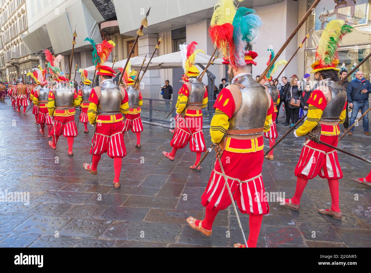 Participants in the Explosion of the Cart festival on parade, Florence ...