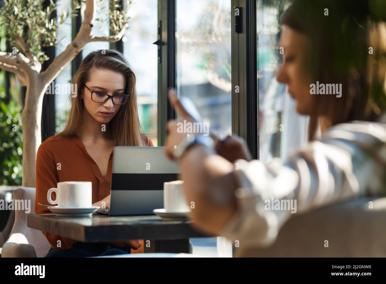 Two young business women in a cafe having one on one meeting. Friends ...