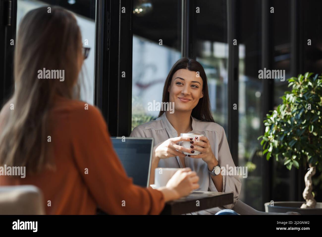 Two young business women in a cafe having one on one meeting. Friends ...