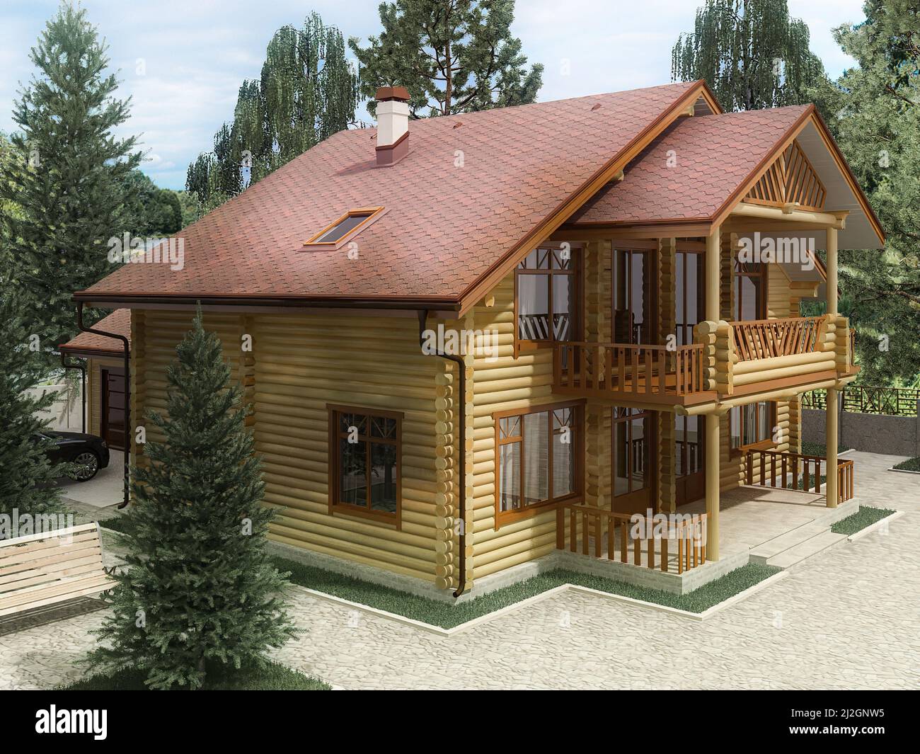 3d render of an architectural project of a wooden house from a log ...