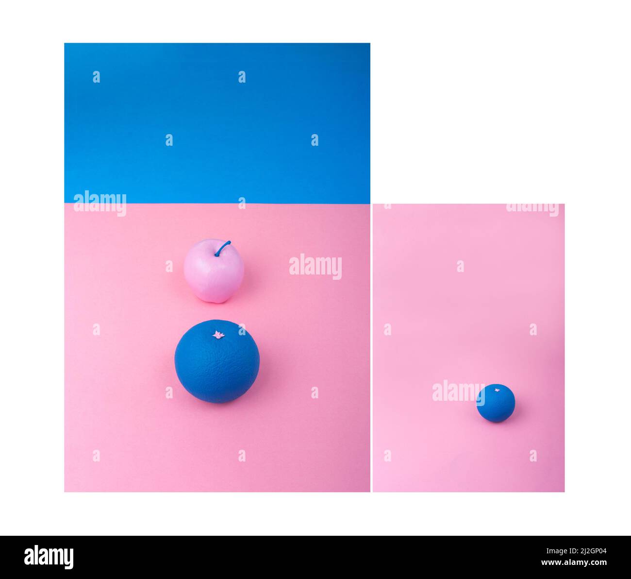 Some painted oranges and an apple on two inverted colored paper ...