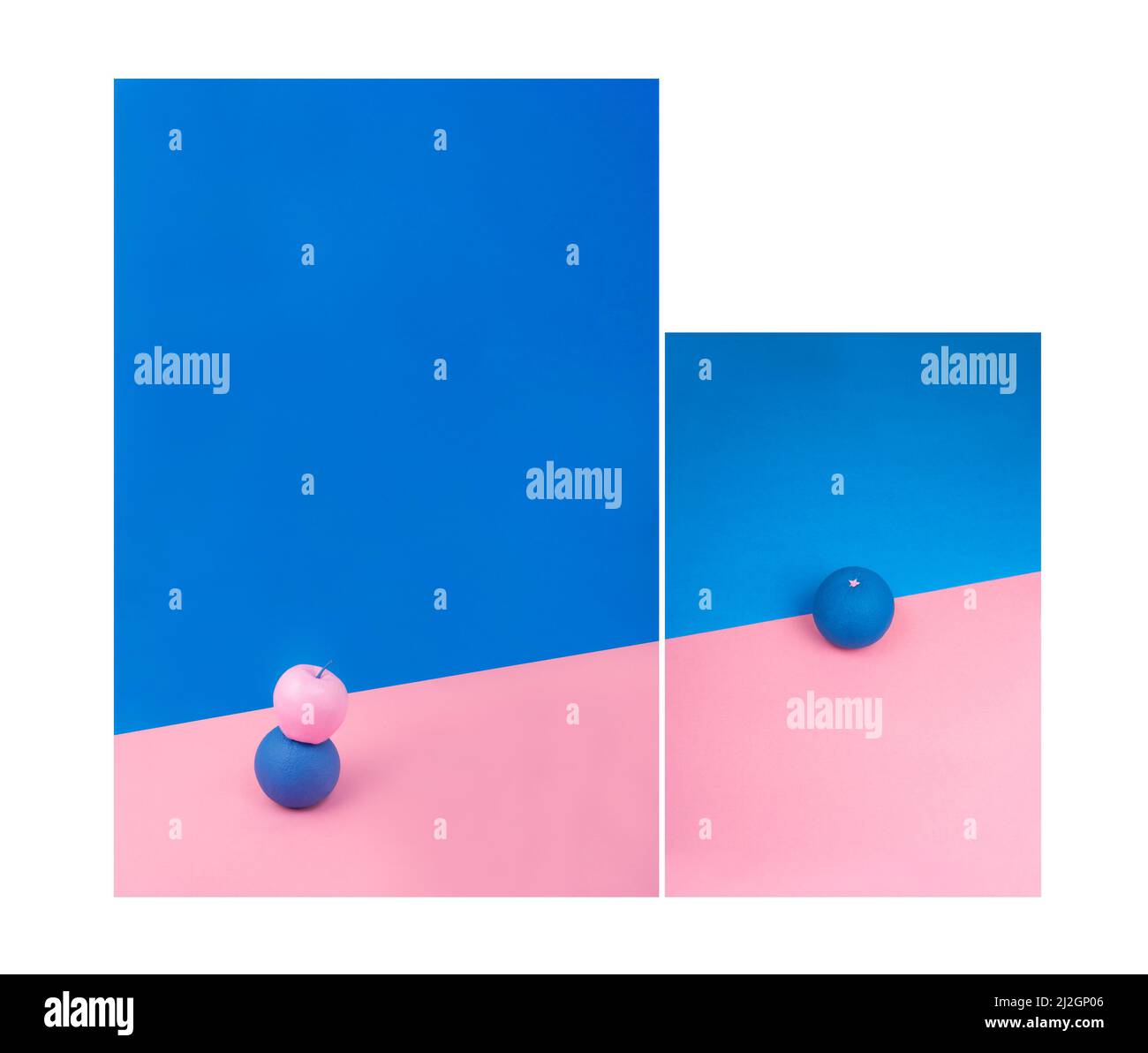 Some painted oranges and an apple on two inverted colored paper ...