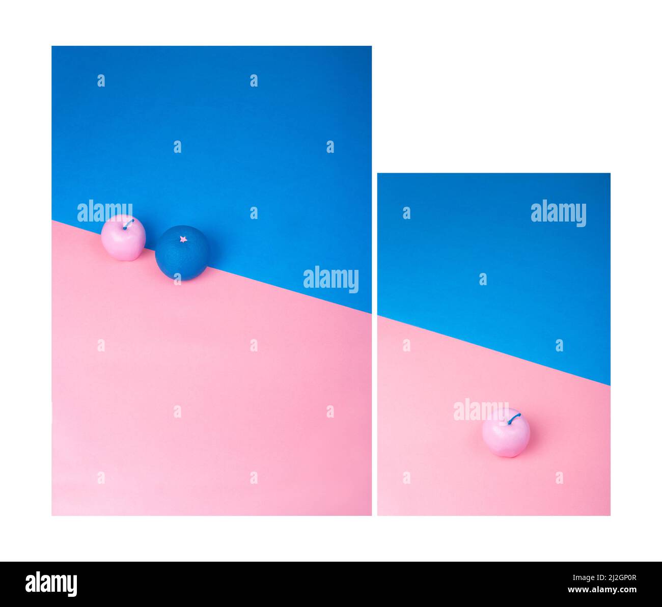 Some painted apples and orange on two inverted colored paper ...