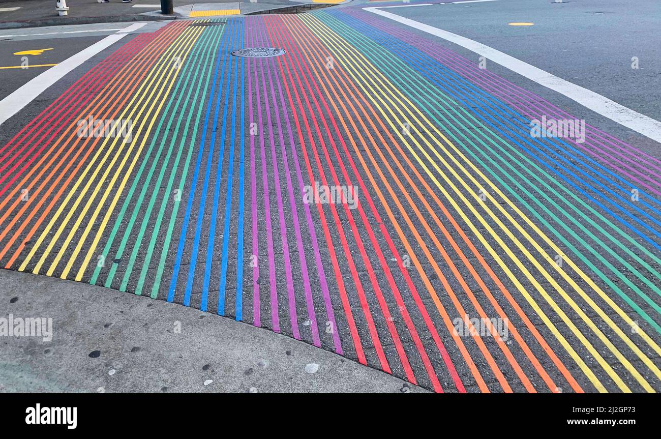 A close-up shot of a rainbow crosswalk in Castro San Francisco Stock ...