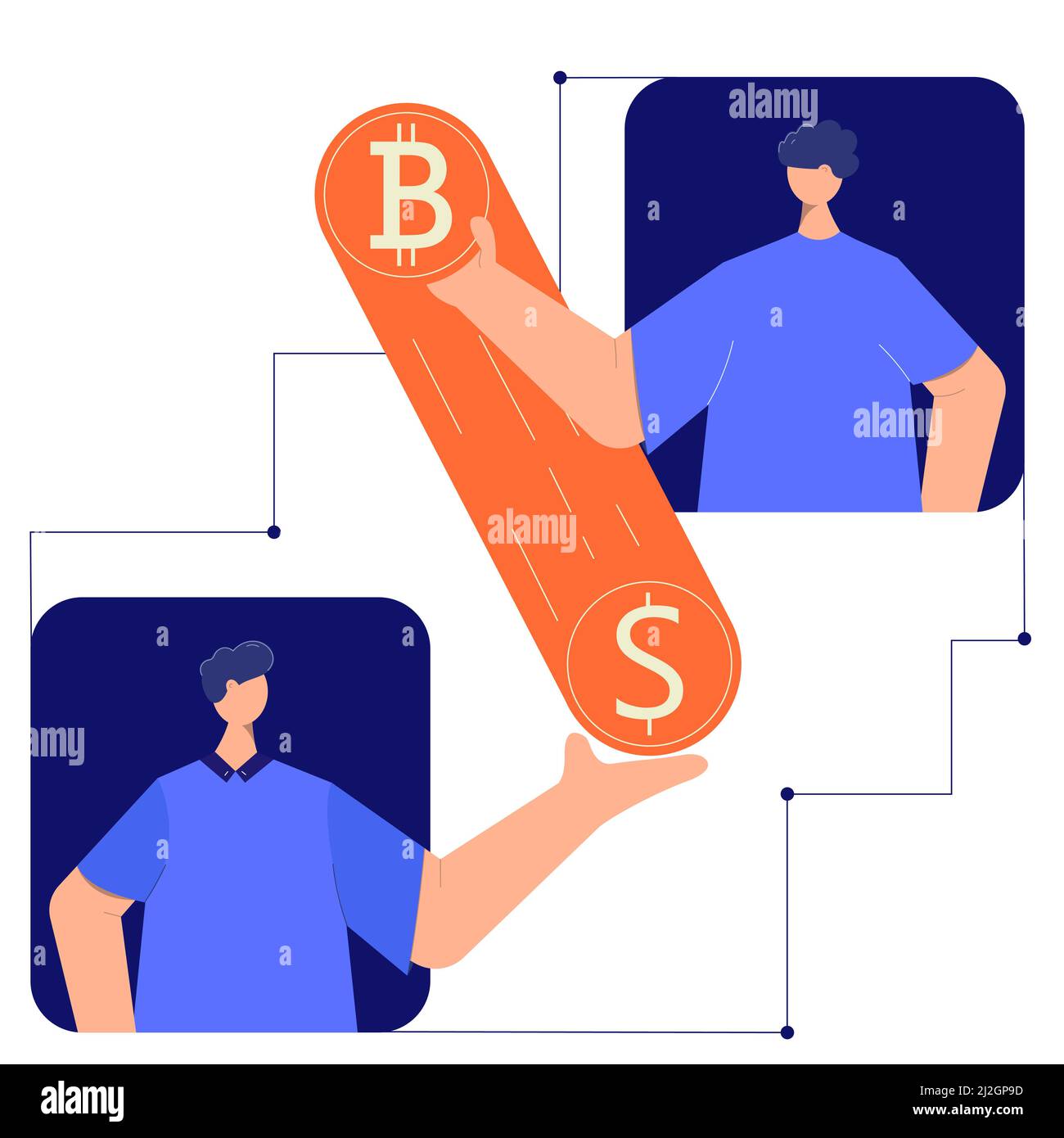 Concept vector illustration for cryptocurrency exchange. Two men give ...