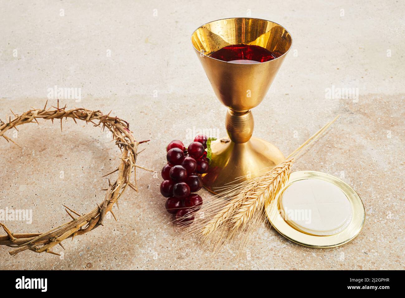 Easter Communion Still life with chalice of wine and bread Stock Photo ...