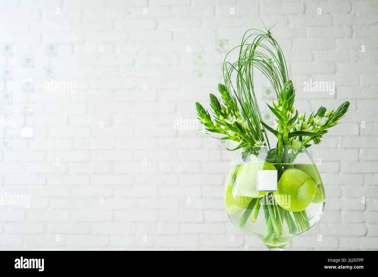 A closeup shot of Ornithogalum plant and apples in a large glass cup on ...