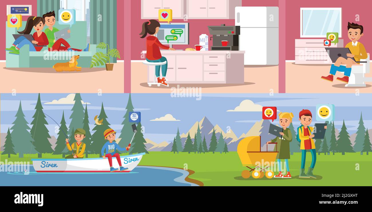 Social network horizontal banners with people using devices for web ...