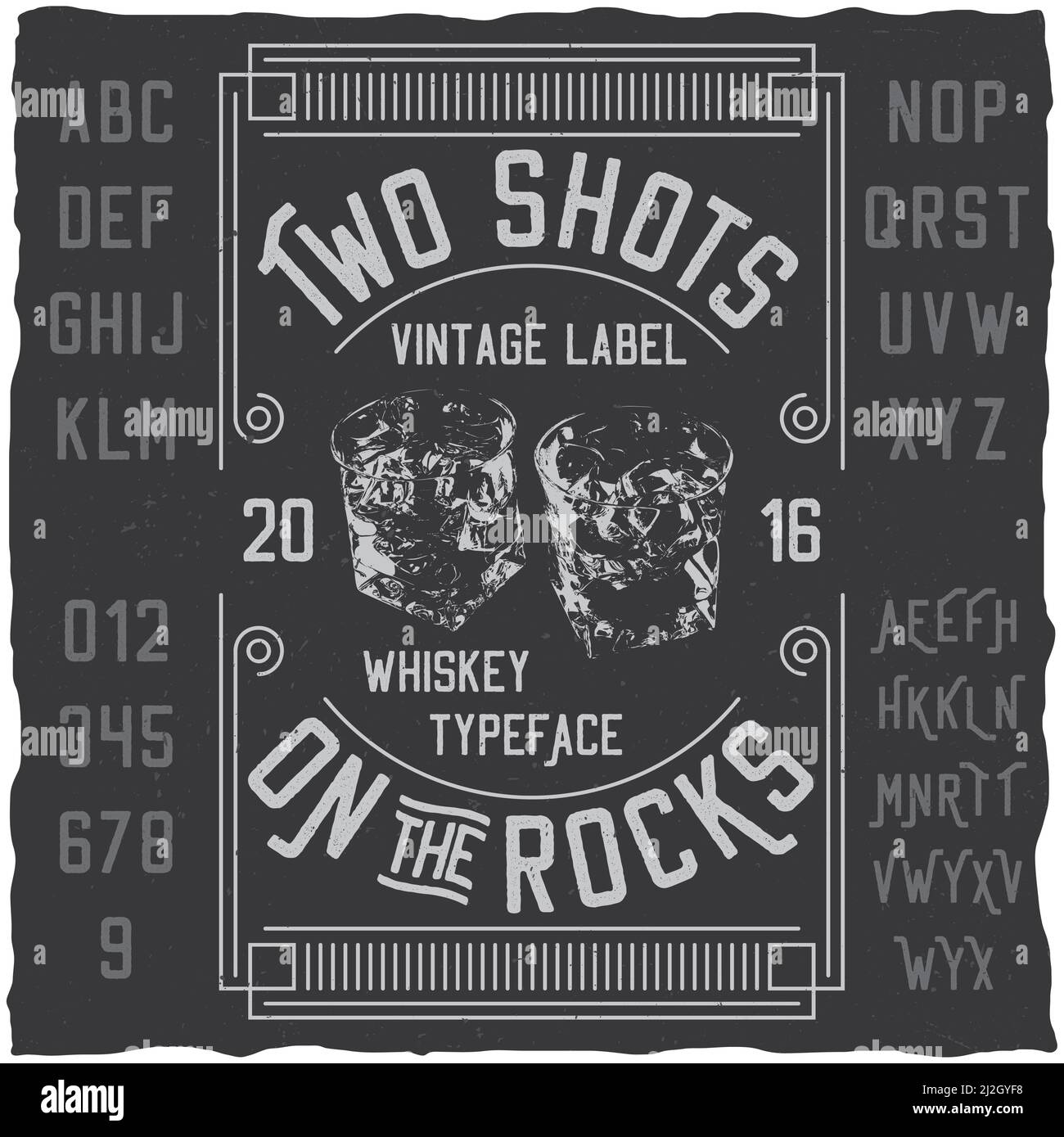 Two shots poster with words about whiskey typeface with simple label ...