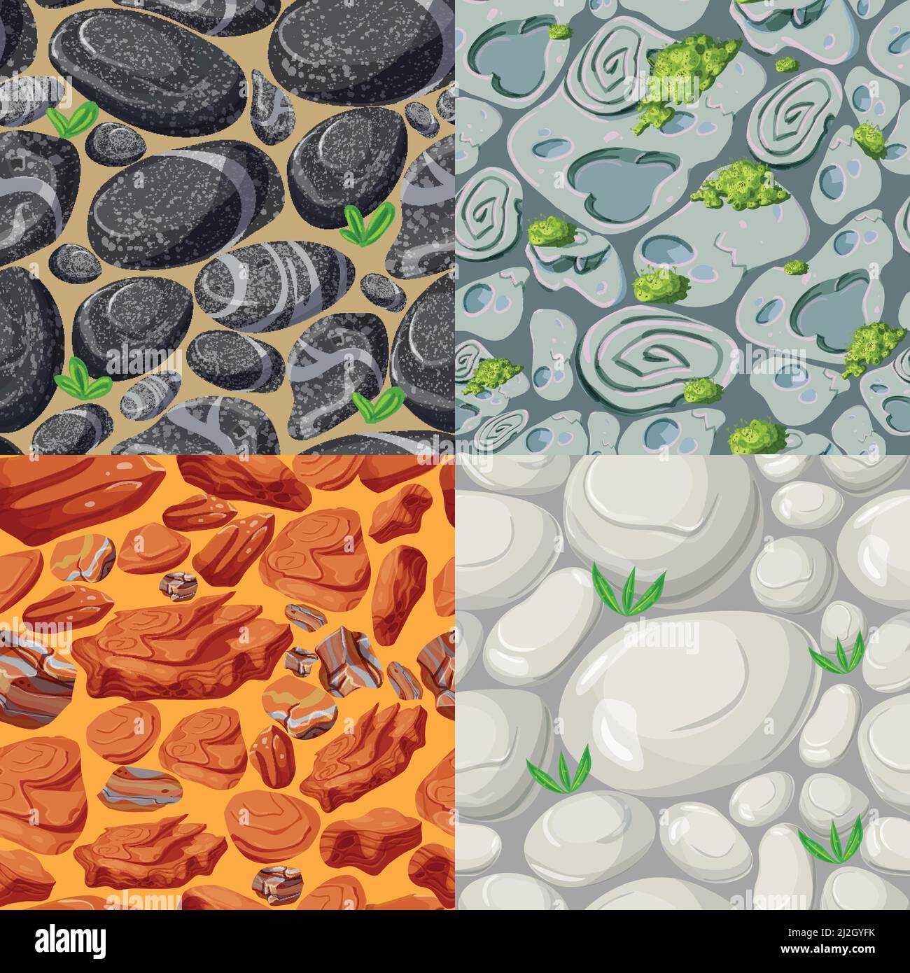 Cartoon stones seamless patterns set with plants and rocks of different ...