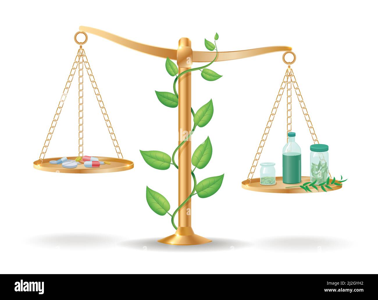 Alternative medicine libra balance concept with drugs pills on one side ...
