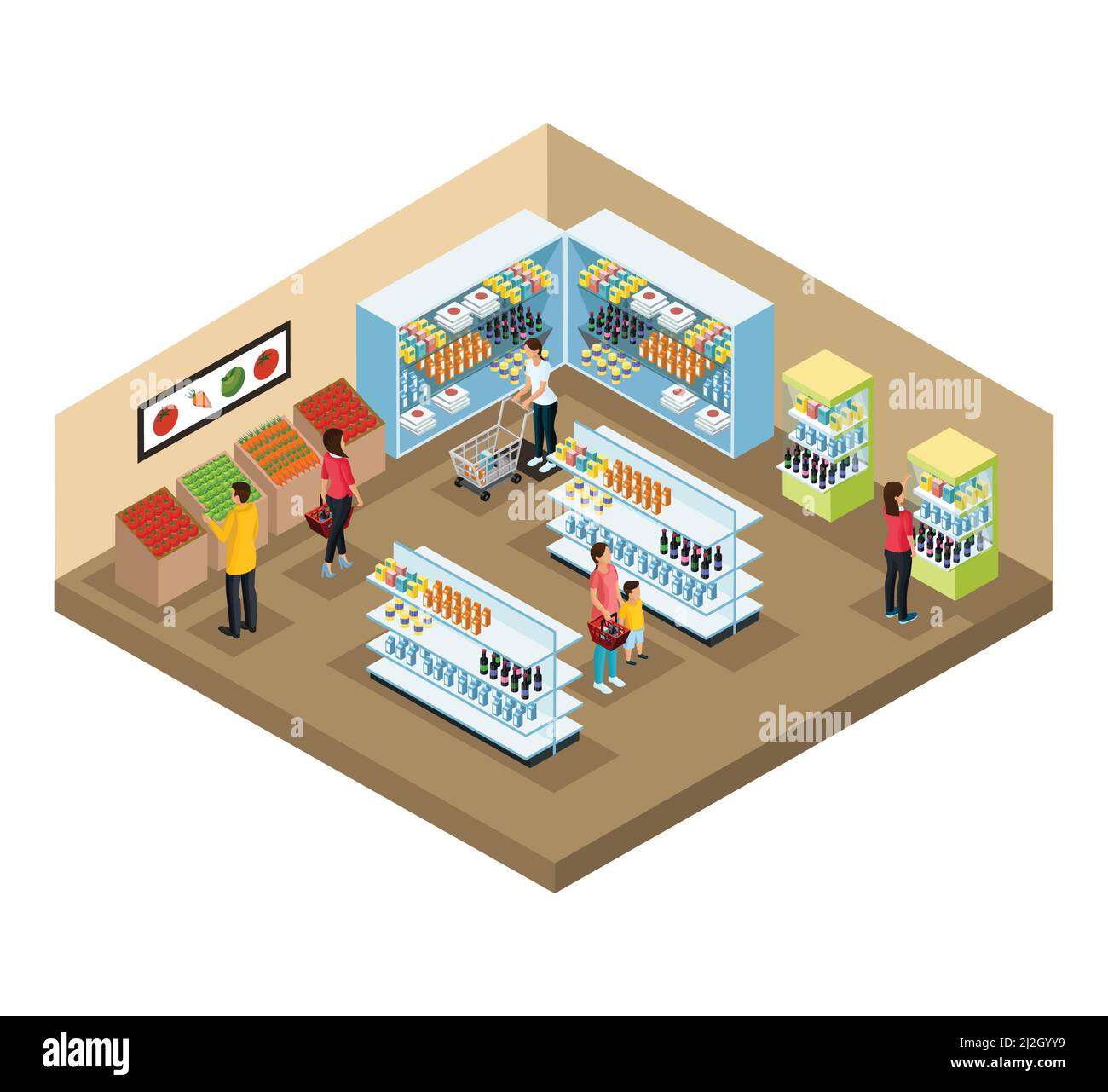 Isometric supermarket interior concept with people choosing different products in grocery shop ...