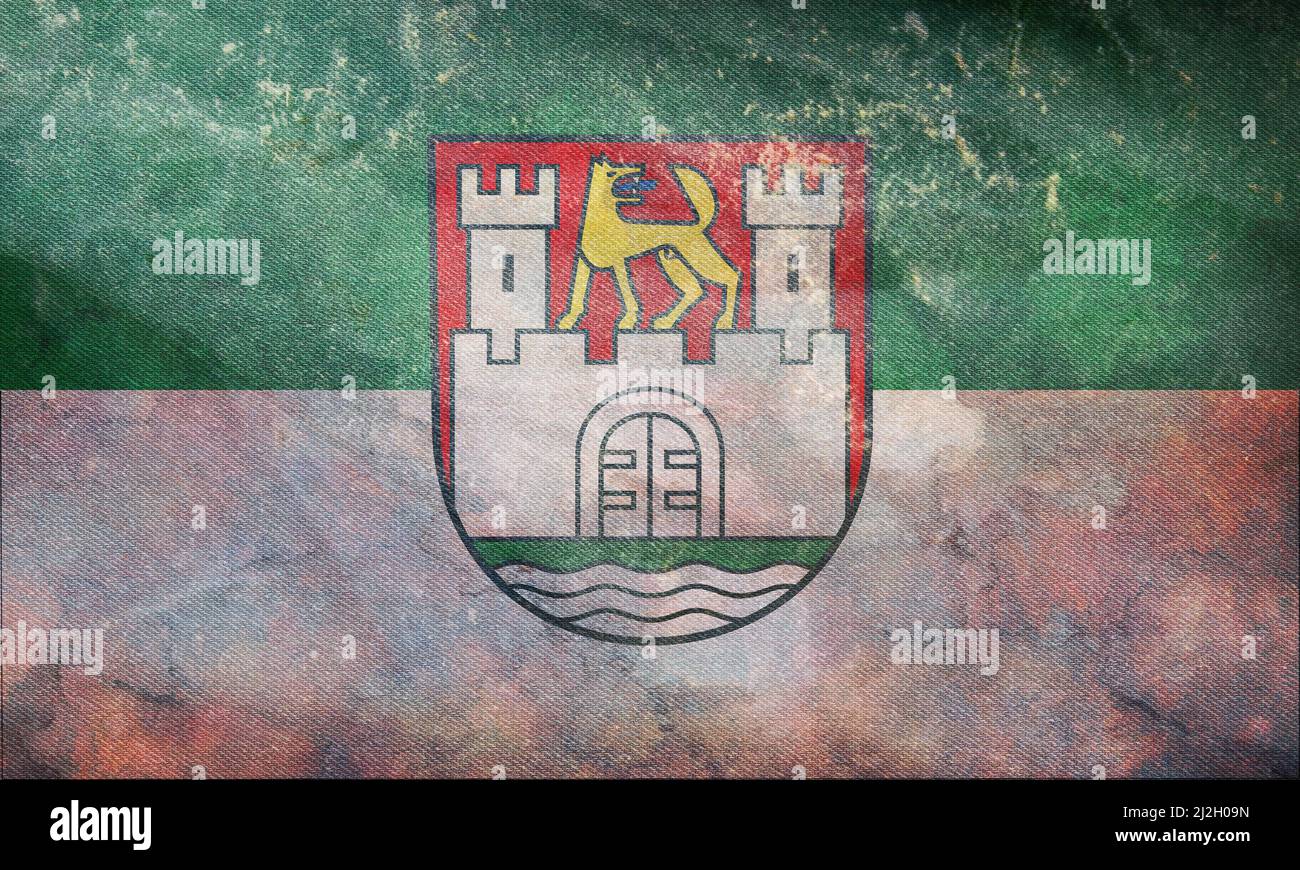 Top view of retro flag of Wolfsburg with grunge texture. Federal ...