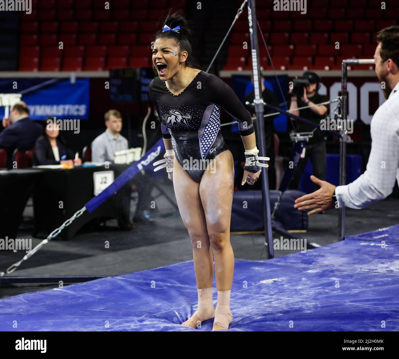 Norman, OK, USA. 31st Mar, 2022. Utah State's Grace Rojas celebrates ...