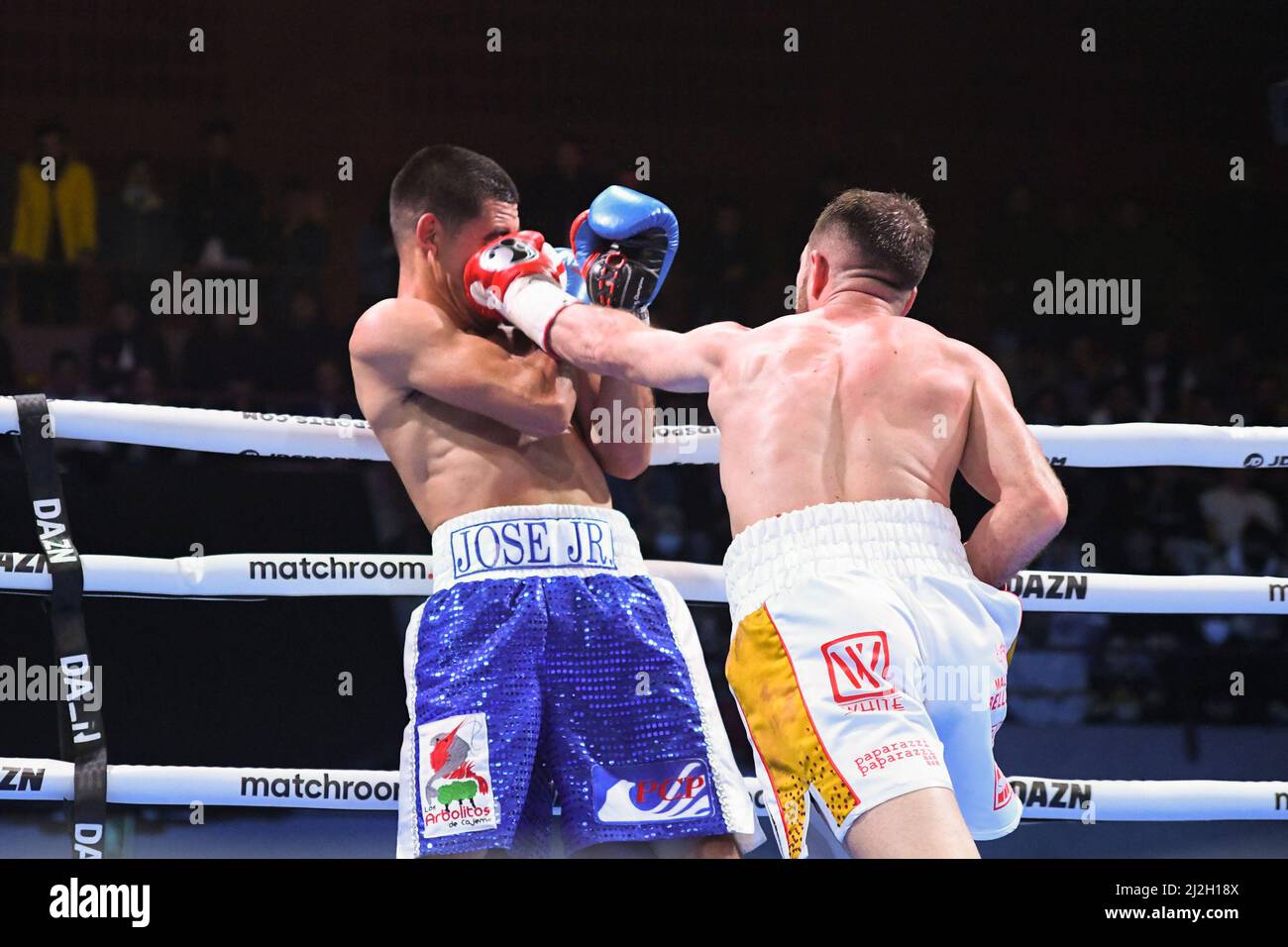 BARCELONA, SPAIN - APRIL 1: (R-L) Sandor Martin punches Jose Felix Jr in their WBA International ...