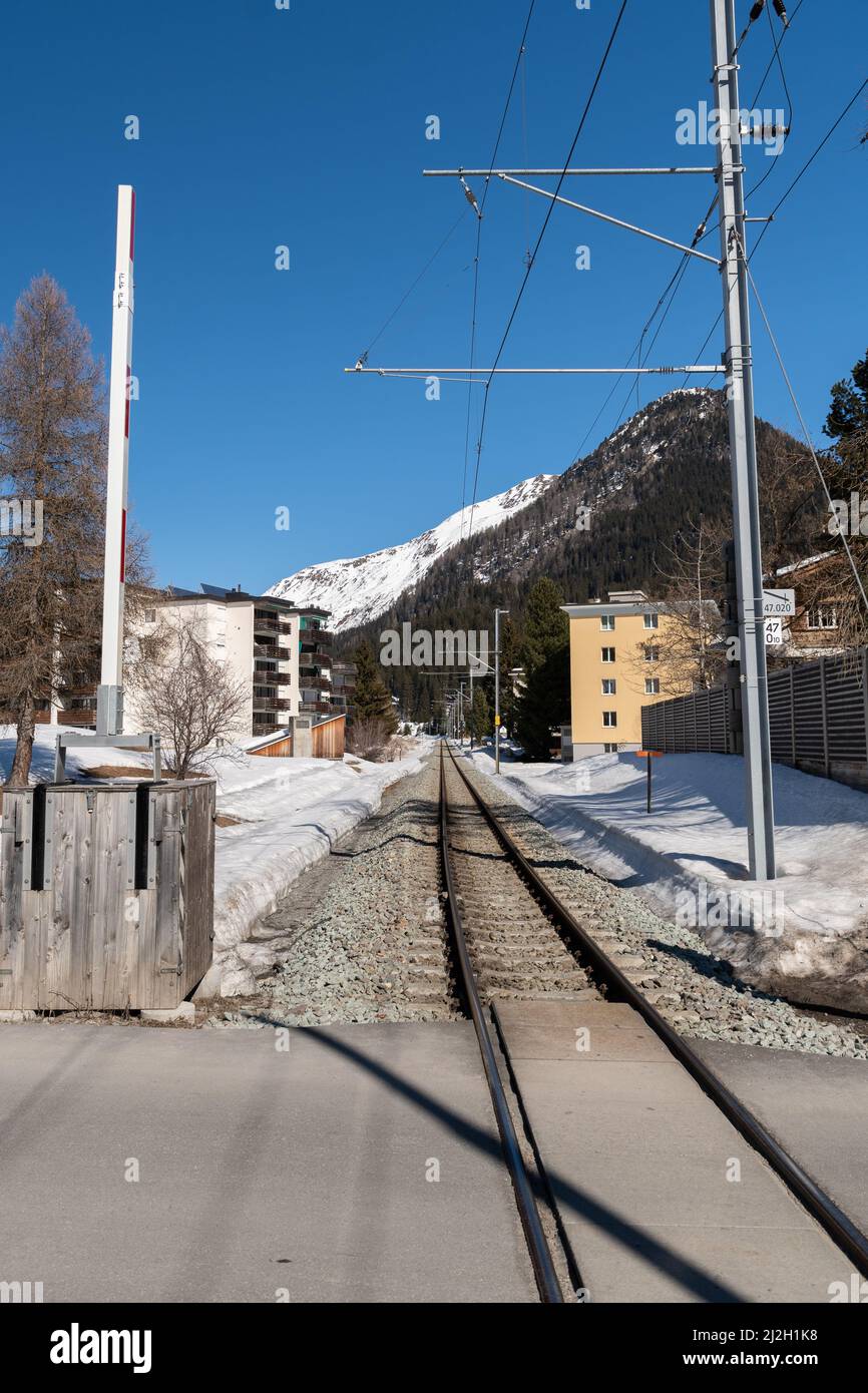 Davos, Switzerland, March 23, 2022 Railroad system in an alpine winter ...
