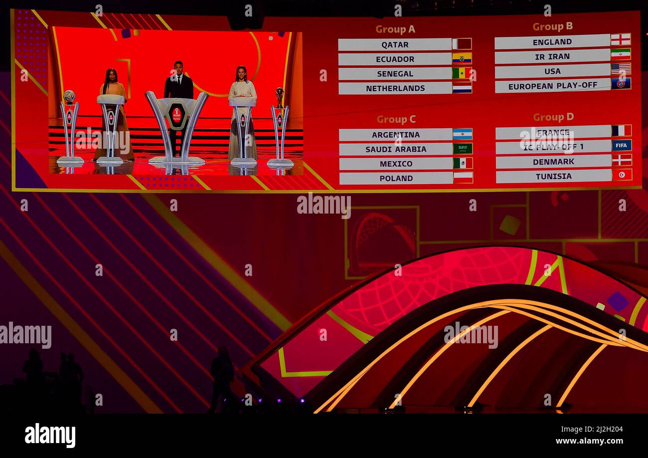 Doha, Qatar. 1st Apr, 2022. The draw for Groups A, B, C, D on display ...
