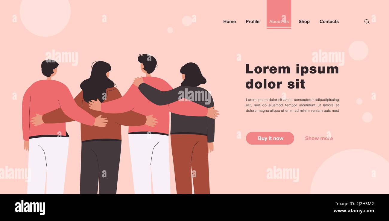 Back view of team members standing together flat vector illustration ...