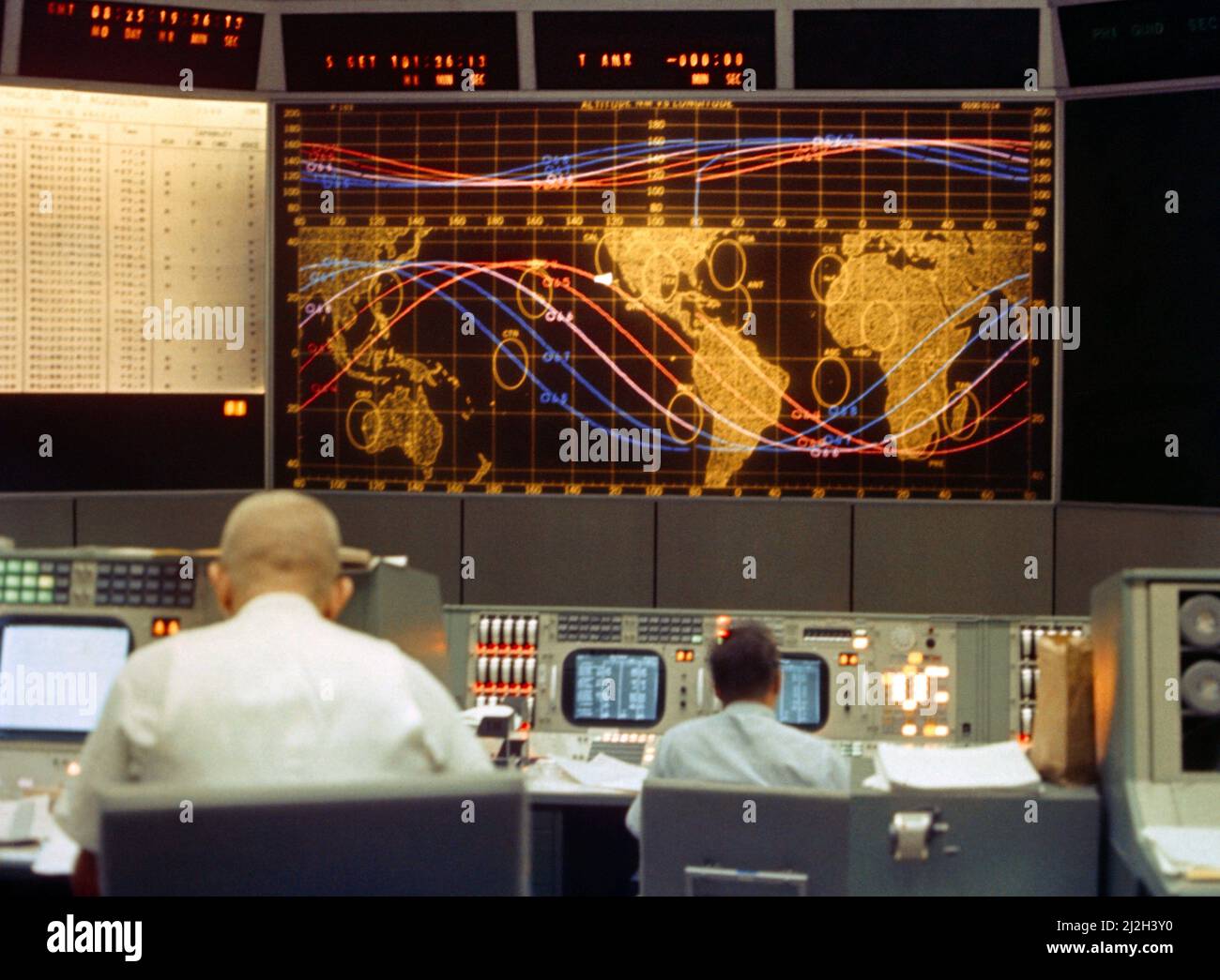 View of the tracking screen at the front of the Mission Control Center ...