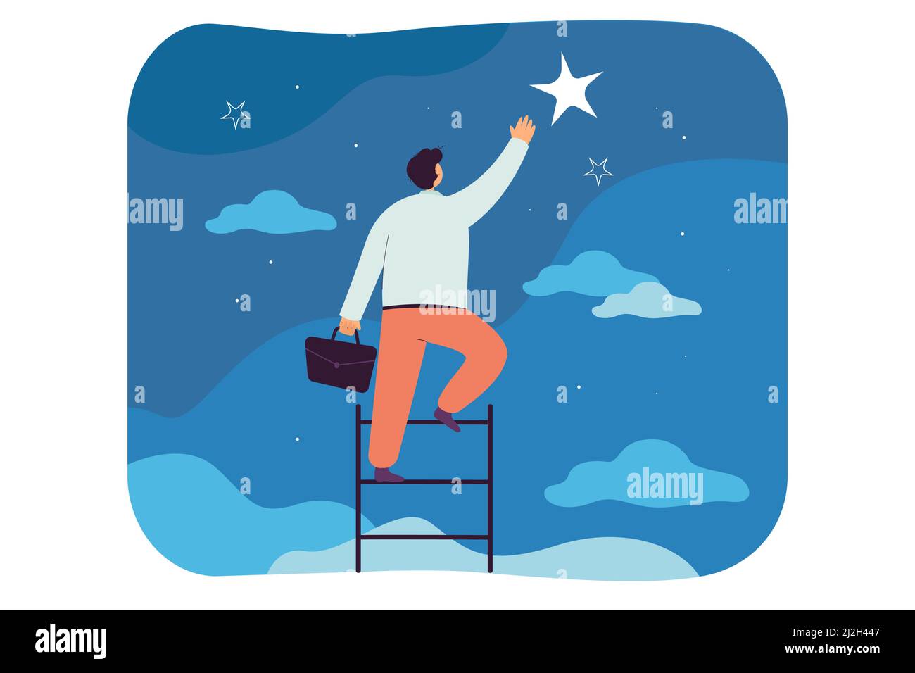 Businessman catching star, climbing ladder to sky. Flat vector ...