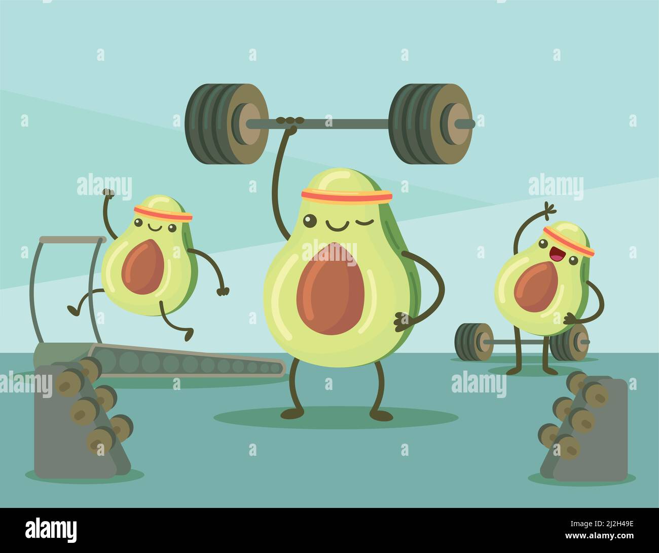 Cartoon avocado characters exercising in gym vector illustration. Cute ...