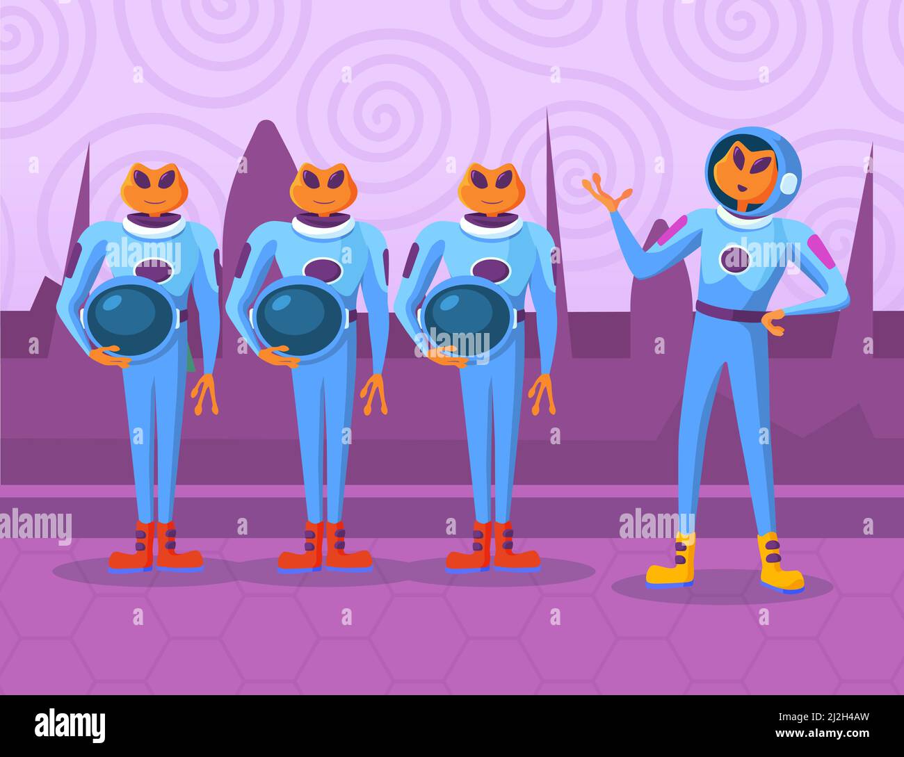 Cartoon aliens characters standing and listening to order of chief ...