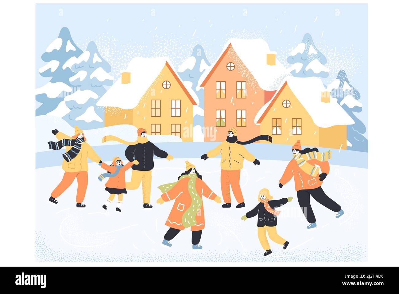 Cartoon characters having fun on ice rink together. Adult people and ...